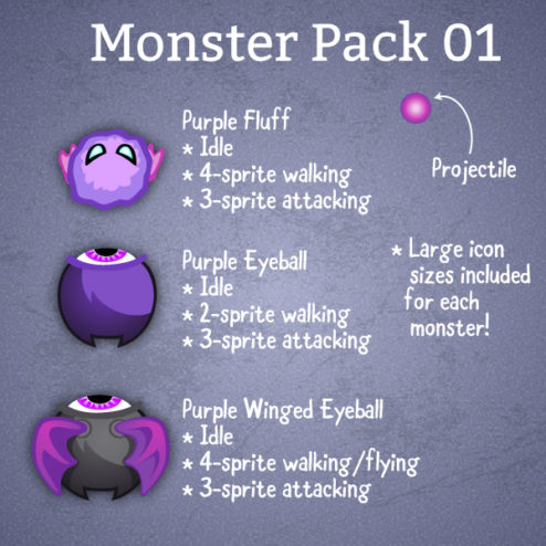 Purple Monster Game Character Sprites
